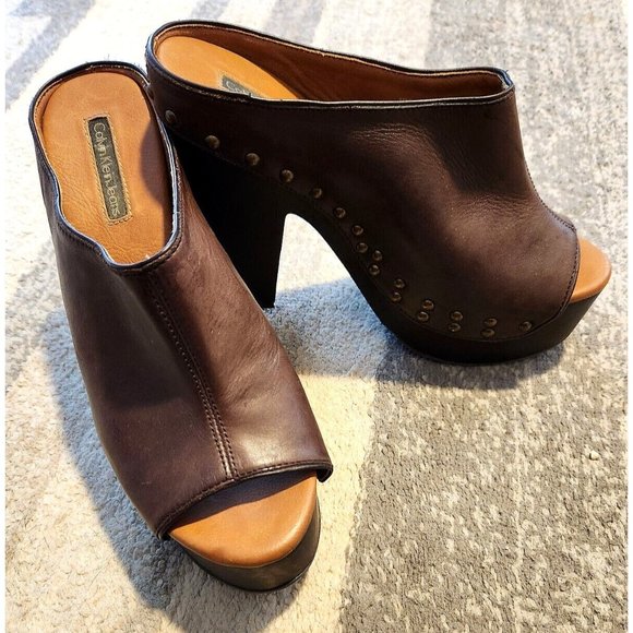 Calvin Klein Jeans | Shoes | Calvin Klein Brown Leather Stephen Platform 45 Block Heel Clogmules ...